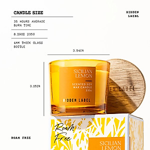 Hidden Label Sicilian Lemon Scented Candle, 100% Cotton Lead-Free Wick,Sustainable Wood Lids,Candles for Home Scented,8.3 Oz