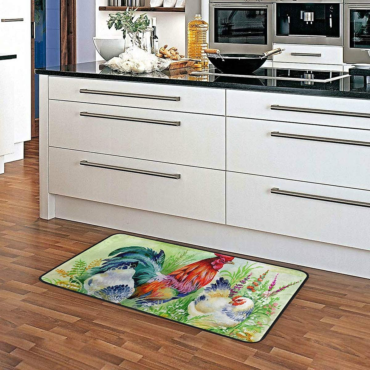 Chicken and Rooster in The Grass Vintage Kitchen Mat Rugs Cushioned Chef Soft Non-Slip Floor Mats Washable Doormat Bathroom Runner Area Rug Carpet