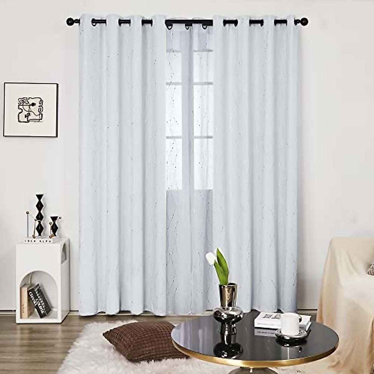 Deconovo White Blackout Curtain Panels for Bedroom and Living Room, 84 Inch Long Drapes - Thermal Insulated Window Curtains with Floral Pattern (52W x 84L Inch, Greyish White, 2 Panels)