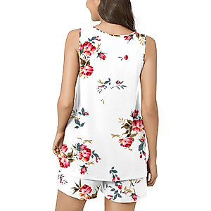 POPYOUNG Womens Summer 2 piece Pajamas Sets Sleevelesss Tank Tops with Comfy Shorts Ladies Pjs Sets Sleepwear with Pockets L, Floral White