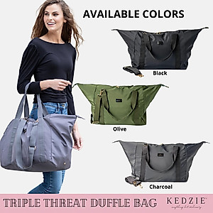 KEDZIE Triple Threat Foldable Duffle Shoulder Bag for Women with Adjustable Removable Shoulder Strap - Black