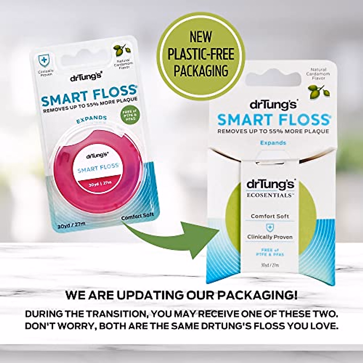 DrTung's Smart Floss - Natural Floss, PTFE & PFAS Free Floss, Gentle on Gums, Expands & Stretches, BPA Free Floss - Natural Dental Floss Cardamom Flavor (Pack of 9)