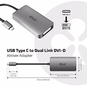 Club3D CAC-1510 USB Type C to Dual Link DVI-D Cable Adapter Support 3840x2160@30hz, 2560x1600@60Hz HDCP Support M/F