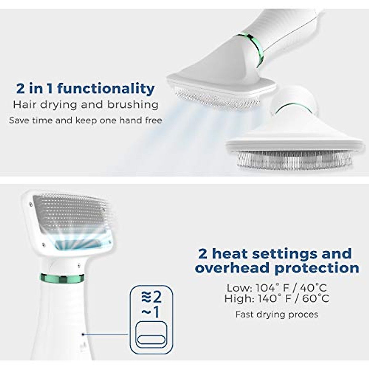 KUUBIA Pet Hair Dryer | Portable and Quiet 2 in 1 Pet Grooming Hair Dryer Blower with Replaceable Slicker Brush | Adjustable Temperature | for Small and Medium Dogs and Cats