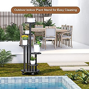 FILWH 5 Tier Plant Stand For Outdoor Indoor Tall Bamboo Movable Flower Stand With Wheels Plant Shelf Pot Holder Plants Corner Display Rack Multiple Planter for Living Room Balcony Garden Patio(Black)