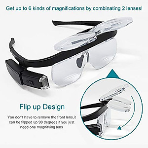 LED Head Mount Magnifier Glasses with 3 Detachable Lenses 2 Led Professional Jeweler Loupe Light USB Rechargeable Hands Free Headband Magnifying Glass for Reading Watch & Electronic Repair Sewing