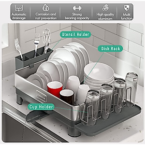 TomGear Large Dish Drying Rack, Dish Drainers with 360°Rotatable Spout, Cup Holder, Utensil Holder and Removable Drainboard, Space-Saving Dish Drainers for Kitchen Counter