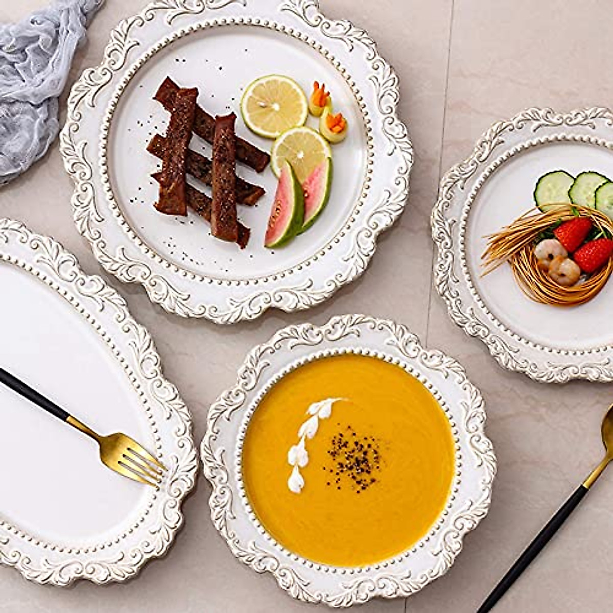 Stylish Dinner Plates,Ceramics Dinnerware Set, Cereal Bowl Soup Plate and Steak Plate Set of 24 | French Vintage Embossed Palace Style Porcelain Dinner Sets for Wedding Gift