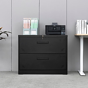 GREATMEET 2 Drawer Lateral File Cabinet with Lock,Heavy Duty Metal Lateral File Cabinet,35.43''L * 17.72''D * 28.70''H, for Legal Letter Files,Disassemble,Black (2 Drawers)