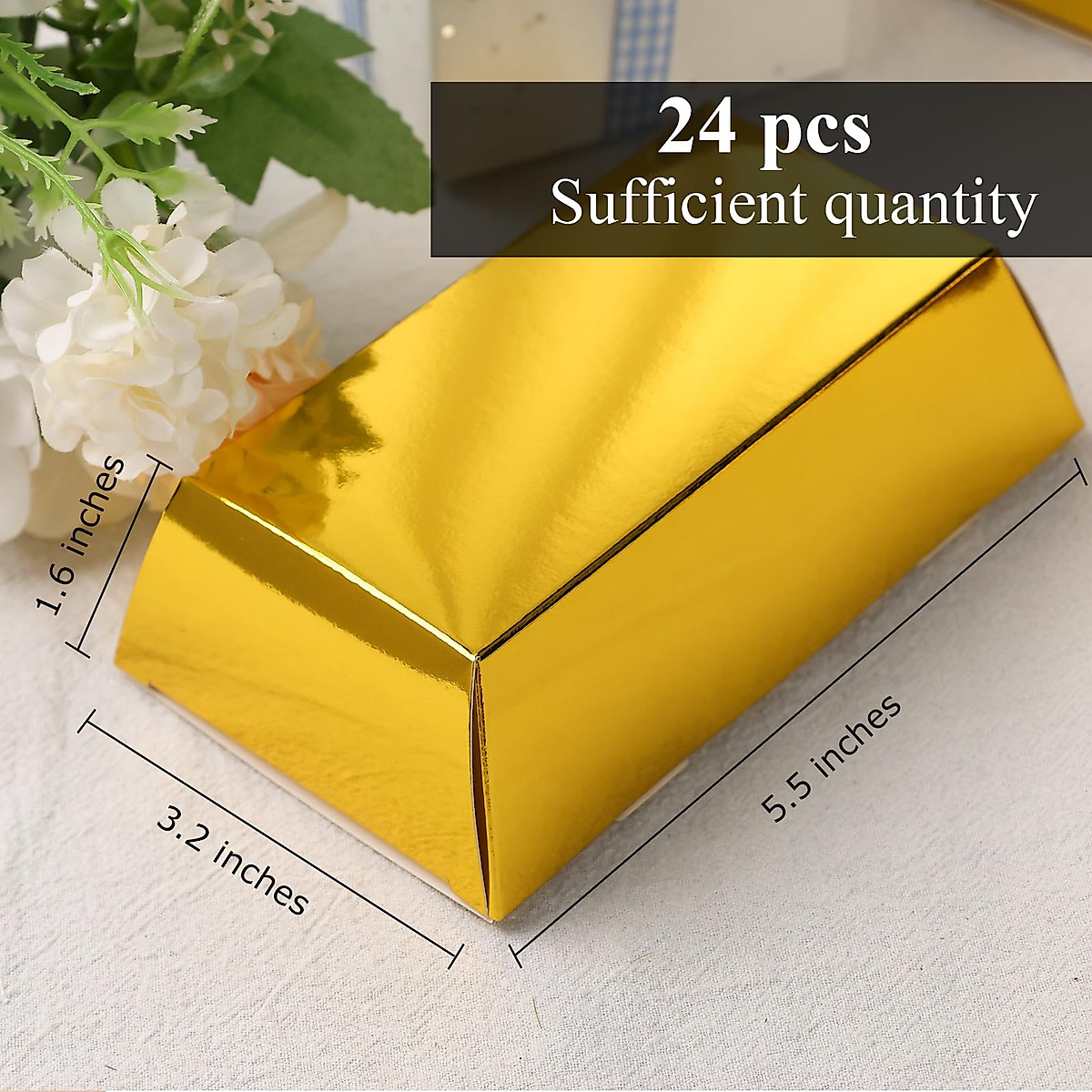 JOHOUSE 24PCS Fake Gold Bar Boxes, 5.5" x 3.2" x 1.6" Golden Brick Chocolate Box Treat Box Party Favor Box for Chocolates Coins Party Decorations Candy Treats