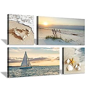 Hardy Gallery Beach Picture Sunset Canvas Art: Seascape Painting with Sailboat & Coastal Conch Artwork Wall Art for Bedroom (24'' x 12'' x 2 Panels + 12'' x 12'' x 2 Panels)