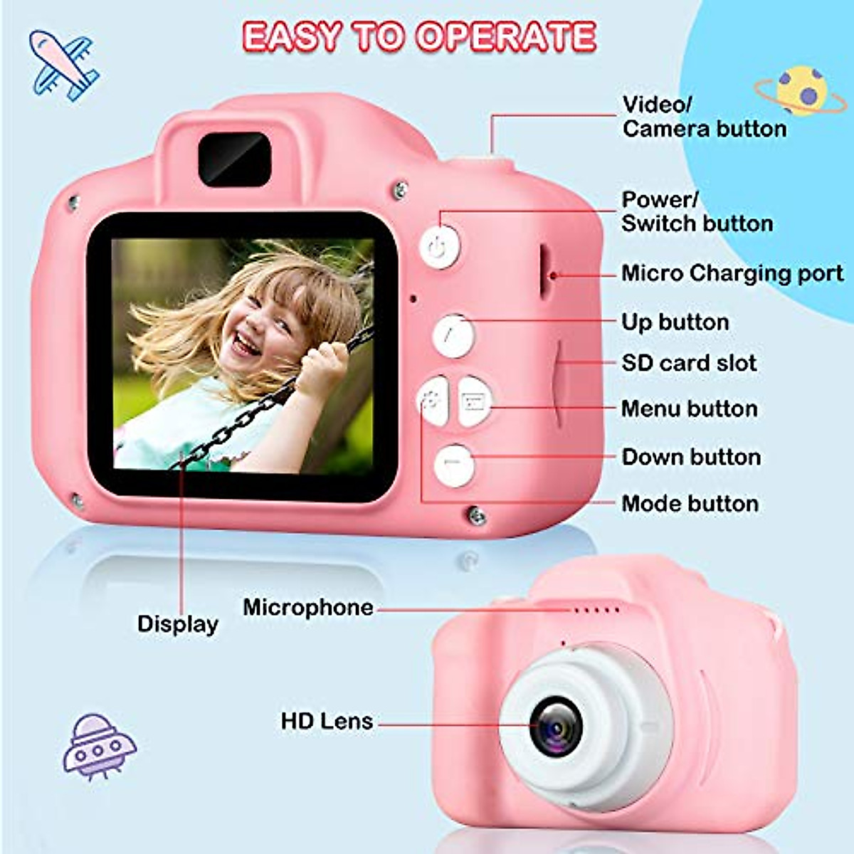 Gridspace Upgrade Kids Camera Toys for 3 4 5 6 7 8 9 Year Old Girl Christmas Birthday Gift Digital Video Camera,Mini Play Video Camera with 1080P HD 2 Inch Screen with 32GB Card
