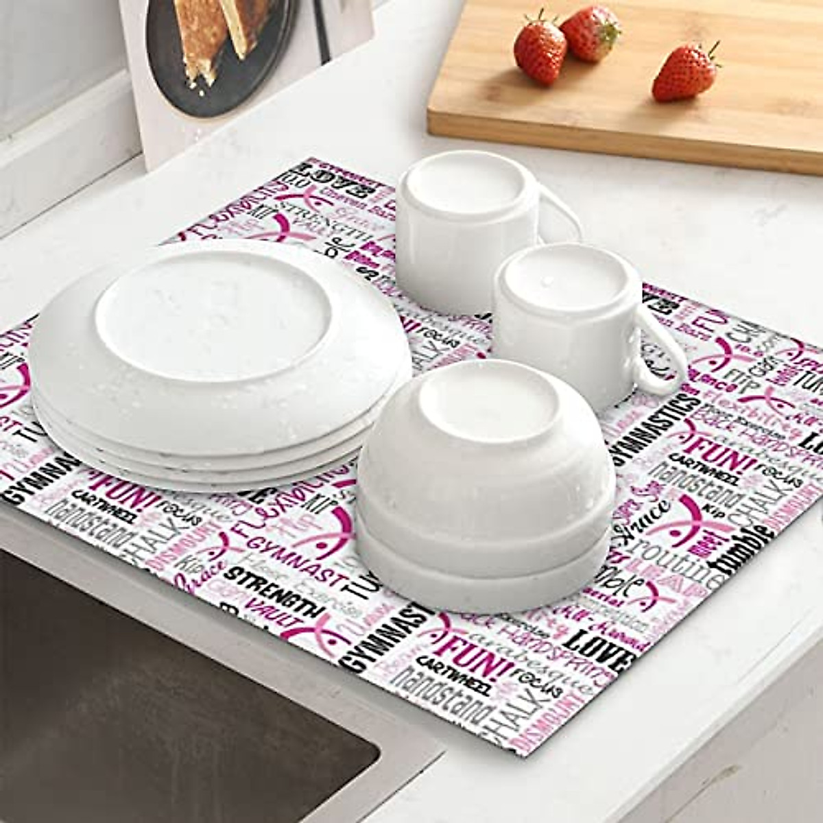 Gymnastics Pink Printed Drying Mat For Kitchen Ultra Absorbent Microfiber Dishes Drainer Mats Non-Slip Silicone Quick Dry Pad - 18 X 16inch