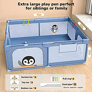 Baby Playpen for Babies and Toddlers, 71 x 59 inch Extra Large Baby Fence with Unique Little Penguin Character Design, Li'l Pengyu Soft Breathable Mesh Baby Playard for Indoor & Outdoor (Blue)