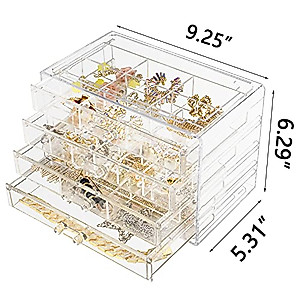 Weiai Acrylic Jewelry Box 4 Drawers, 72 Grids Clear Jewelry Organizer with Adjustable Dividers, Large Capacity Earring Ring Gift Boxes