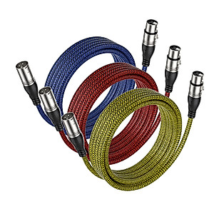 NUOSIYA XLR Cables, Microphone Cable Nylon Braided Colored Patch Cable Mic Cables, Double Shielded Balanced Cables for Microphone Audio Mixer Speaker System (50ft, Nylon Braided, 3 Colors Packs)