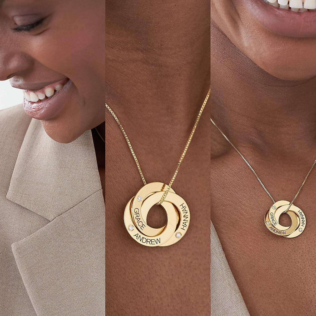 MYKA - Russian Ring Engraved Name Necklace with Diamonds Personalized 3 Circles Discs Inscription Customization Mother's Day Jewelry Gift… (18k Gold Plating)