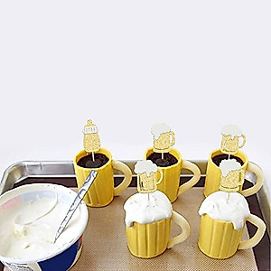 Gyufise 24Pcs Beer Mug Baby Bottle Cupcake Toppers Gold Glitter Baby Bottle Cupcake Picks Cheers Celebrating Baby Shower Birthday Party Cake Decorations