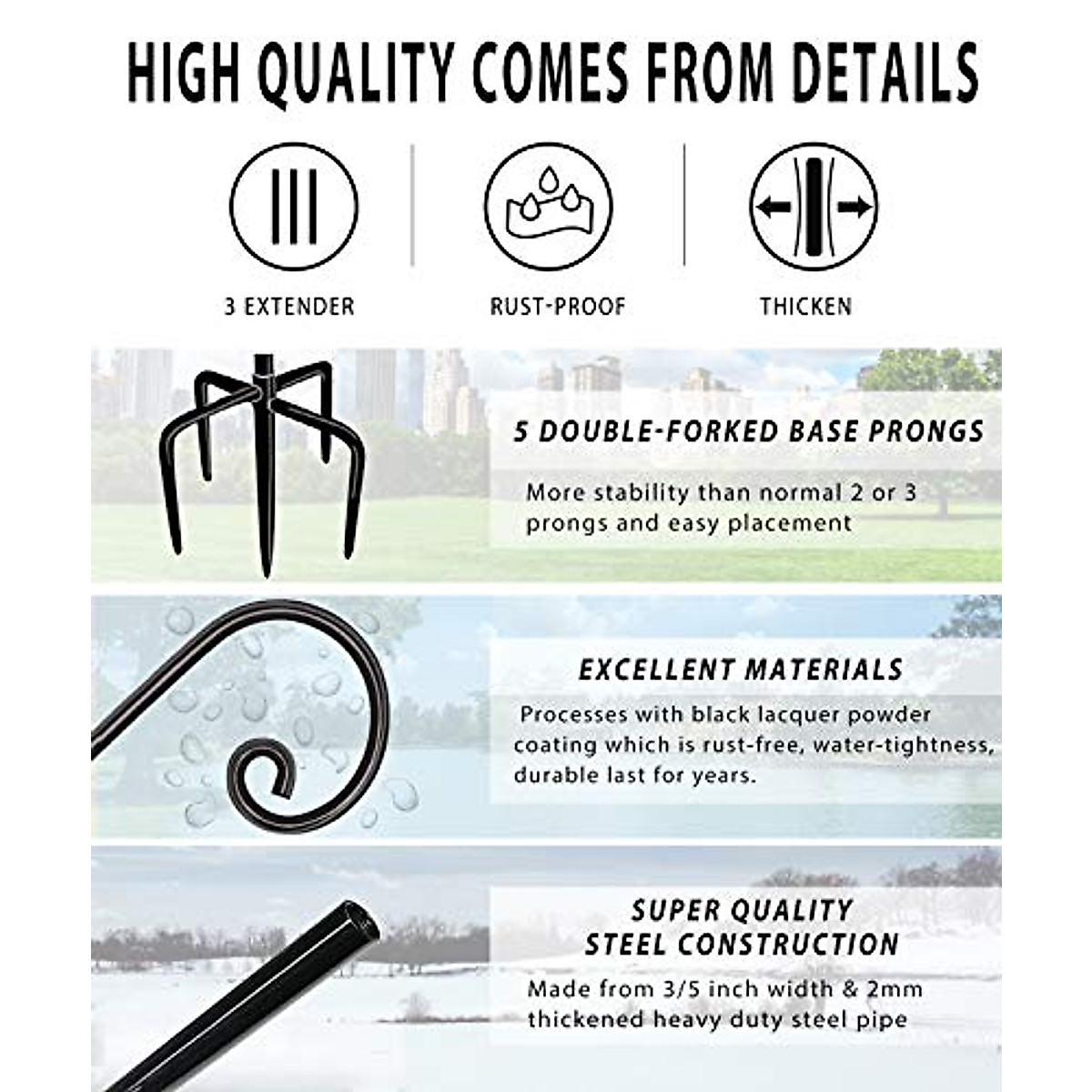Artigarden Outdoor Shepherd Hooks 76 inch Tall for Bird Feeder (2 Packs), Adjustable Metal Garden Poles for Hanging Plants Solar Light Lantern, Bright Black