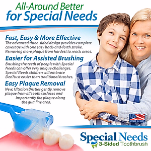 DenTrust 4-PK for Special Needs | Sensory 3-Sided Toothbrush | Made in USA | Autism Autistic Asperger Triple U-Shaped