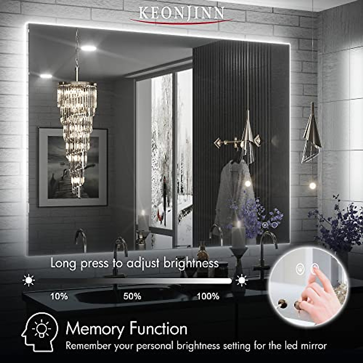 Keonjinn 40 x 32 Inch LED Bathroom Mirror with Lights Acrylic Backlit Vanity Mirror Anti-Fog Lighted Bathroom Mirror for Wall CRI90 High Definition Dimmable Large Makeup Mirror(Horizontal/Vertical)