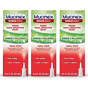 Mucinex Sinus-Max Nasal Spray for Sinus & Allergy, Fast-Acting & Fragrance Free, 12 Hour Severe Nasal Congestion Relief, 0.75 Fl Oz (Pack of 3)