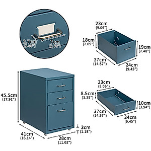 HollyHOME 3 Drawer Mobile Storage Cabinet, Metal Storage Dresser Cabinet with Castor Wheels, Small Organization Chest for Home Office, Easy Assembly Without Screws, Dark Blue