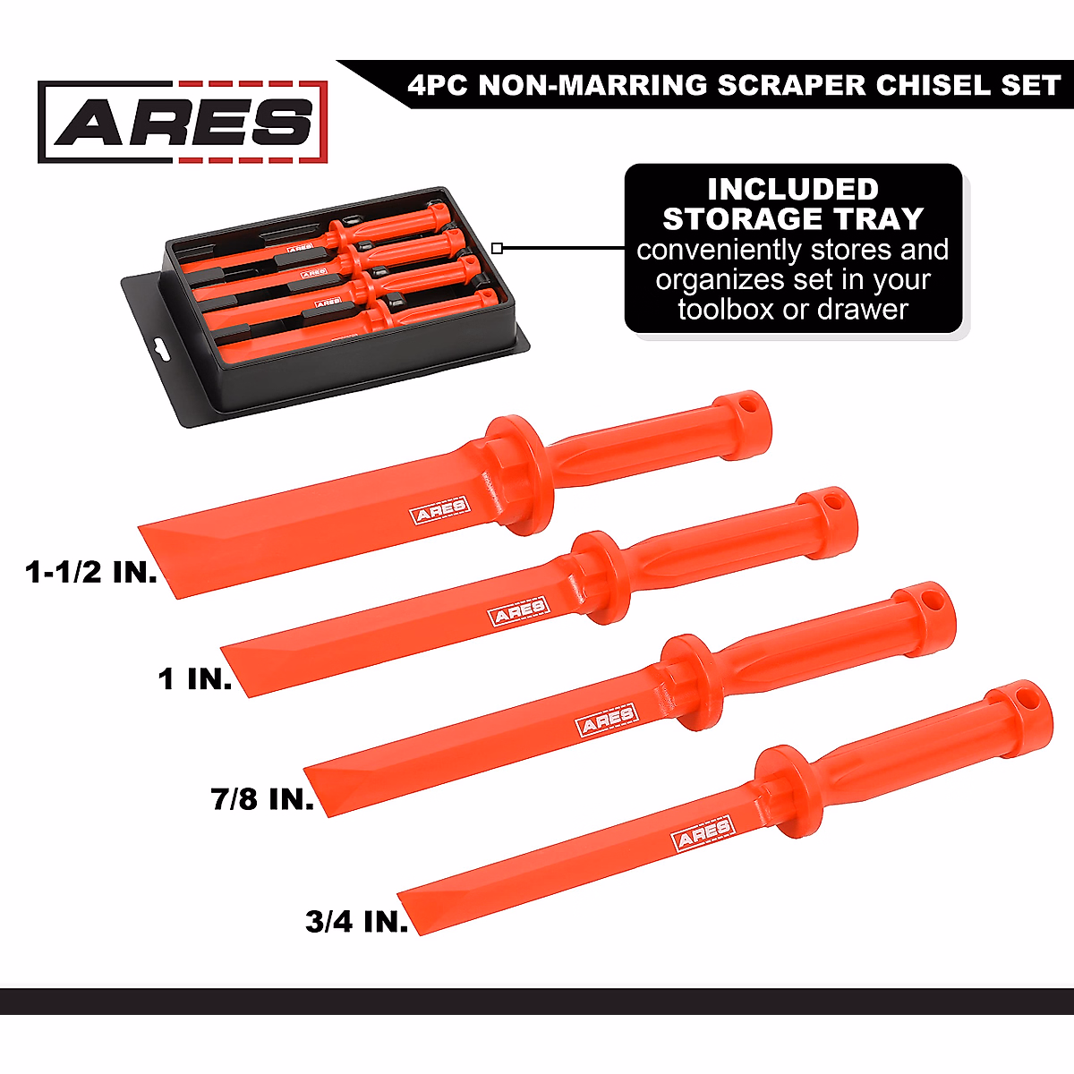 ARES 10083 – 4-Piece Non-Marring Scraper Chisel Set – Thermoplastic Construction Resists Flexing and Breaking – Safely Removes Debris, Adhesives, Film, Deposits and More from a Variety of Surfaces