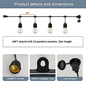 OYYPTDZM Outdoor String Lights 49 Feet Patio Lights Waterproof with 15 Lamp Heads Connectable Hanging Light for Backyard Porch Balcony Garden E26 Bulb Not Included
