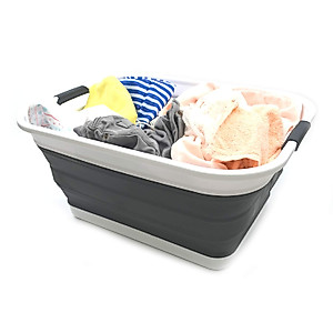 SAMMART 42L(11 gallon) Collapsible Plastic Laundry Basket-Foldable Pop Up Storage Container-Portable Washing Tub-Space Saving Basket,Water capacity 34L(9 gallon) (1 Rectangular - strengthen, Black)