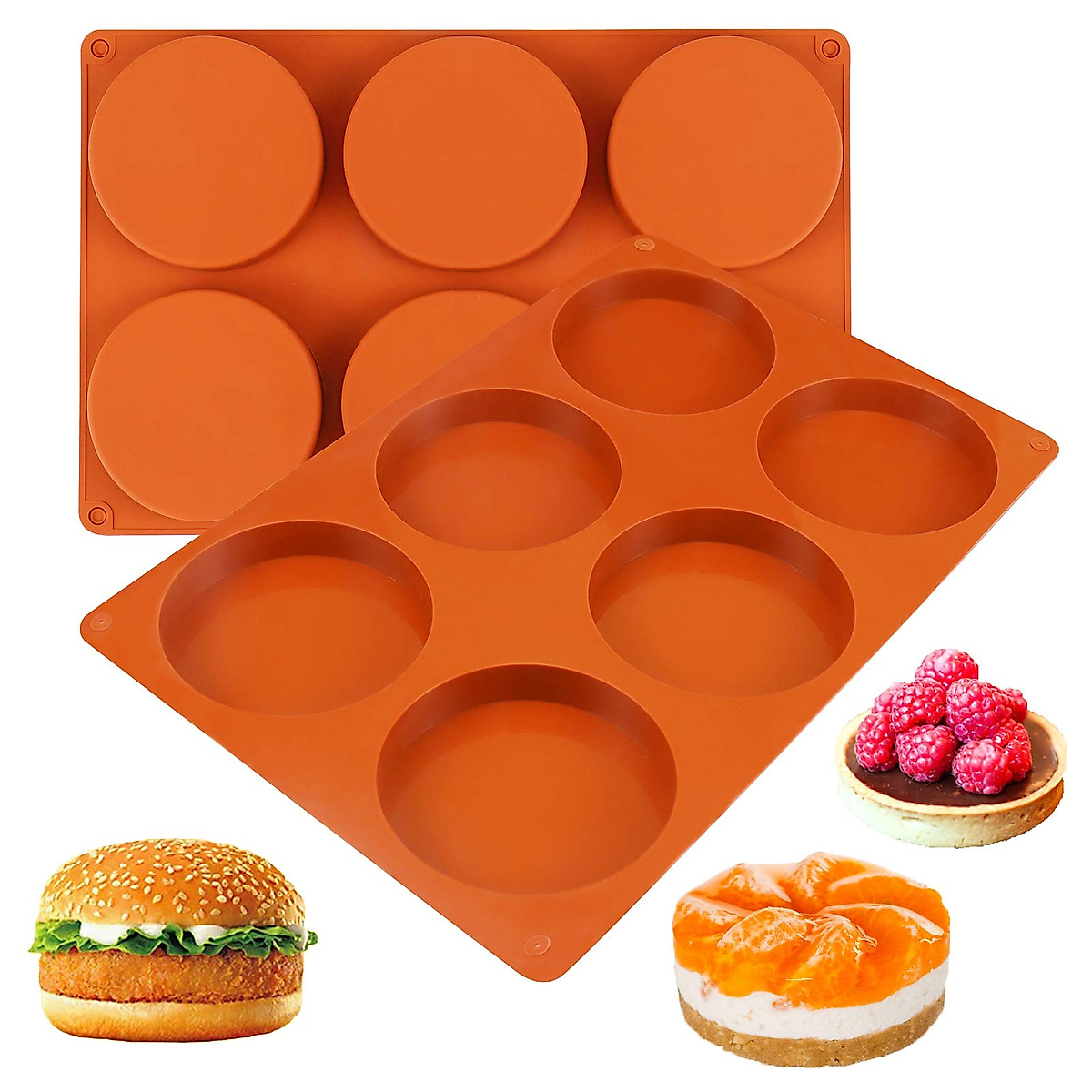 Palksky Silicone Molds for Baking (2 Pack)6-Cavity Large Round Disc Mold/English Muffins Pan/Resin Coaster Mold Non-Stick for Hamburger Chocolate Cake Pie Custard Tart Whoopie Pie Egg Pan