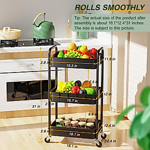 LEHOM 3 Tier Rolling Utility Cart, Metal Trolley Cart with Wheels, Hooks, Easy Assembly Organizer Storage Cart for Bathroom, Kitchen, Office, Bedroom(Black)