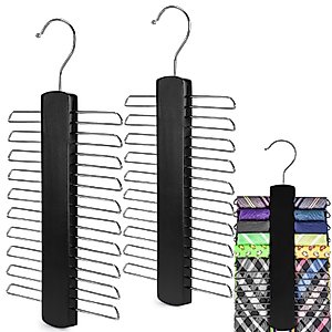 JOHOUSE 2PCS Tie Rack for Closet,Wooden Necktie Organizer and Belt Hangers,360 Degree Swivel Space Saving Ties Holder for Men Hanging 40 Ties,Black