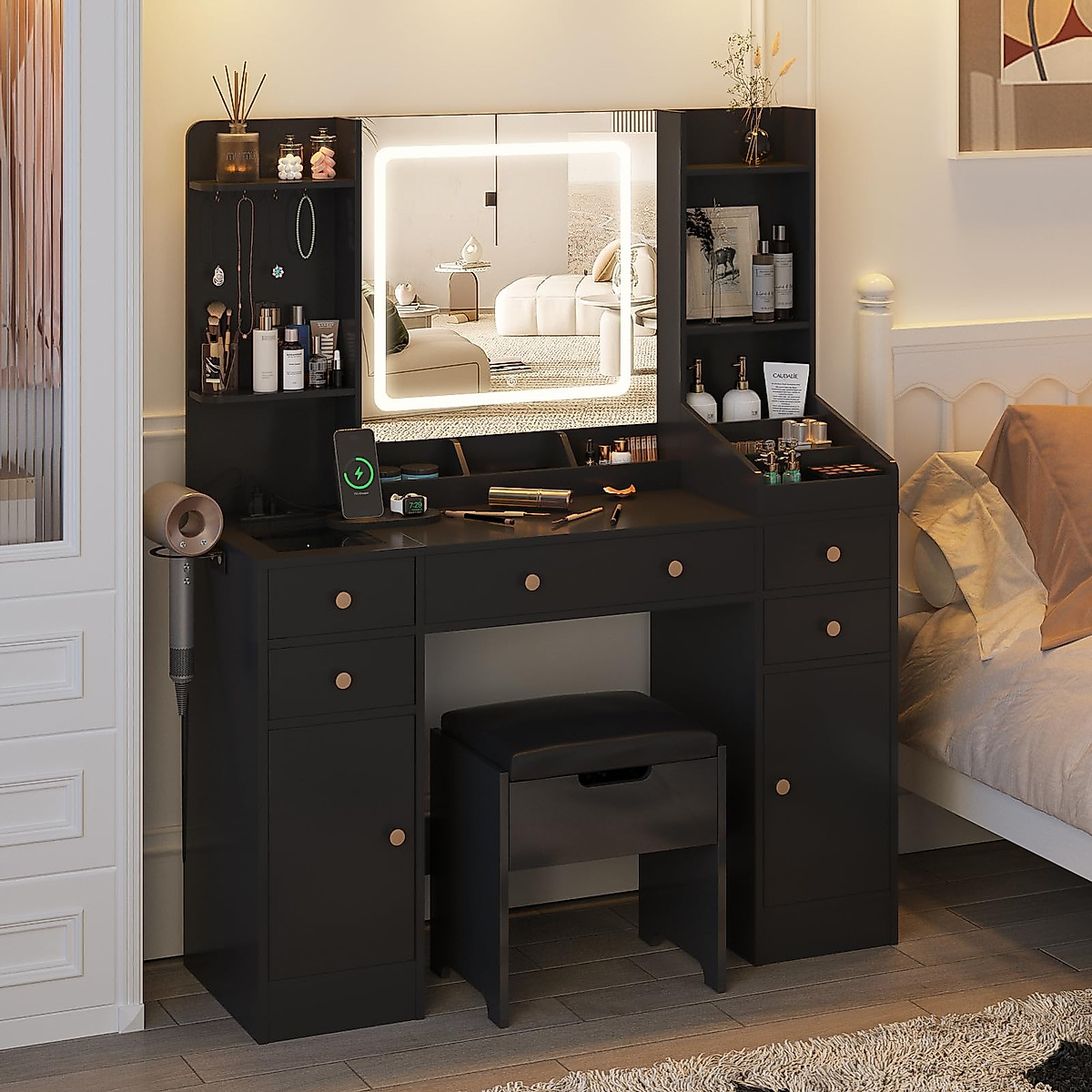 Fameill Black Makeup Vanity with 10 Lights & Power Outlets, Big Vanity with 3 Storage Compartments, Vintage Vanity Set with Large Drawers and Storage Cabinet, 45in