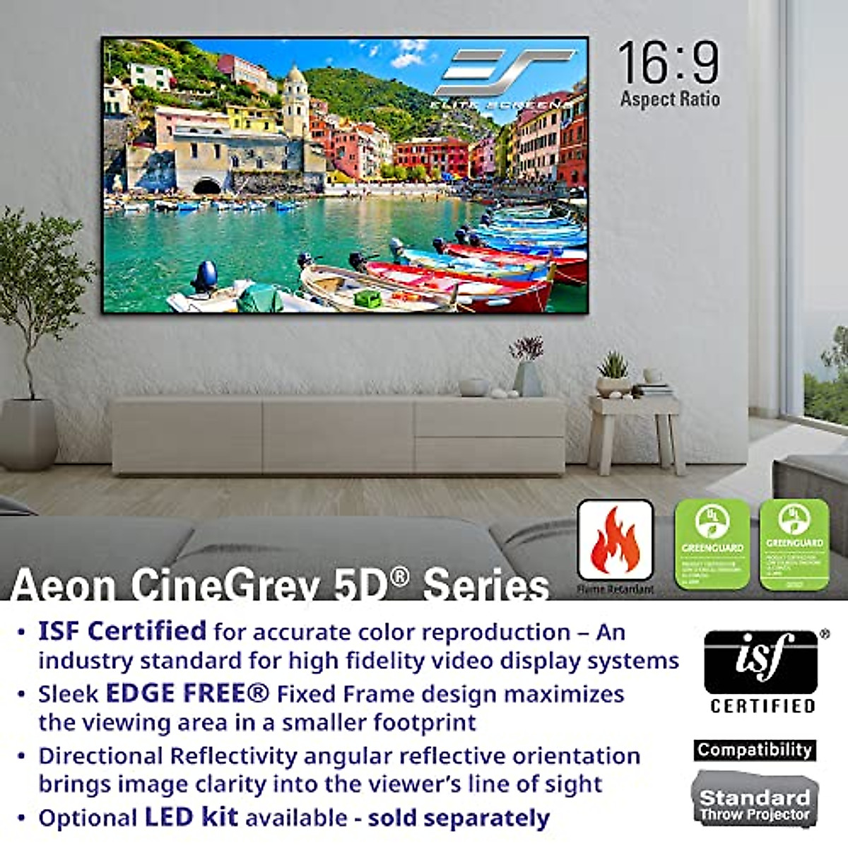 EliteProjector Aeon CineGrey 5D, 150" Diagonal 16:9, Edge Free Ceiling Light Rejecting and Ambient Light Rejecting Fixed Frame Projection Projector Screen for Movie Home Theater, EP-AR150DHD5