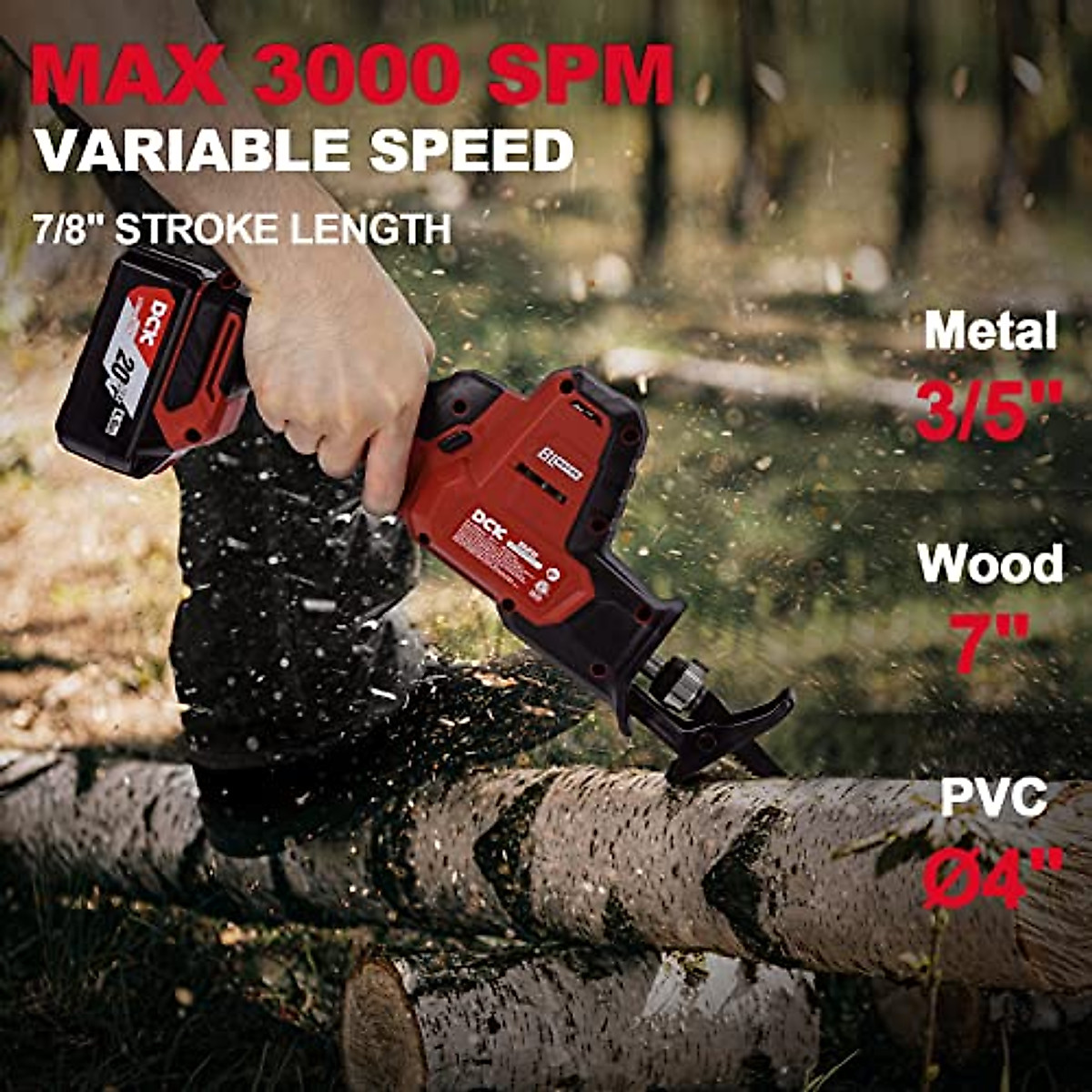 DCK Brushless Reciprocating Saw, 20V MAX Cordless Reciprocating Saw, 0-3000 SPM Variable Speeds, with 4.0Ah Battery & 2A Charger, LED Light, One Hand Saw Kit, 4 Blades Saw for Wood/Metal/PVC