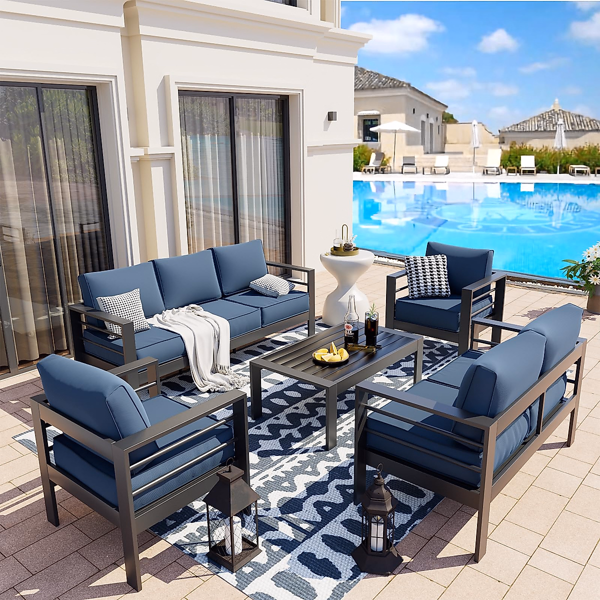 UDPATIO Oversized Aluminum Patio Furniture Set, Modern Metal Outdoor Patio Conversation Sets Patio Sectional Sofa Set with 5 Inch Cushion for Deck, Grey Blue (Include 4 Sofa Covers)