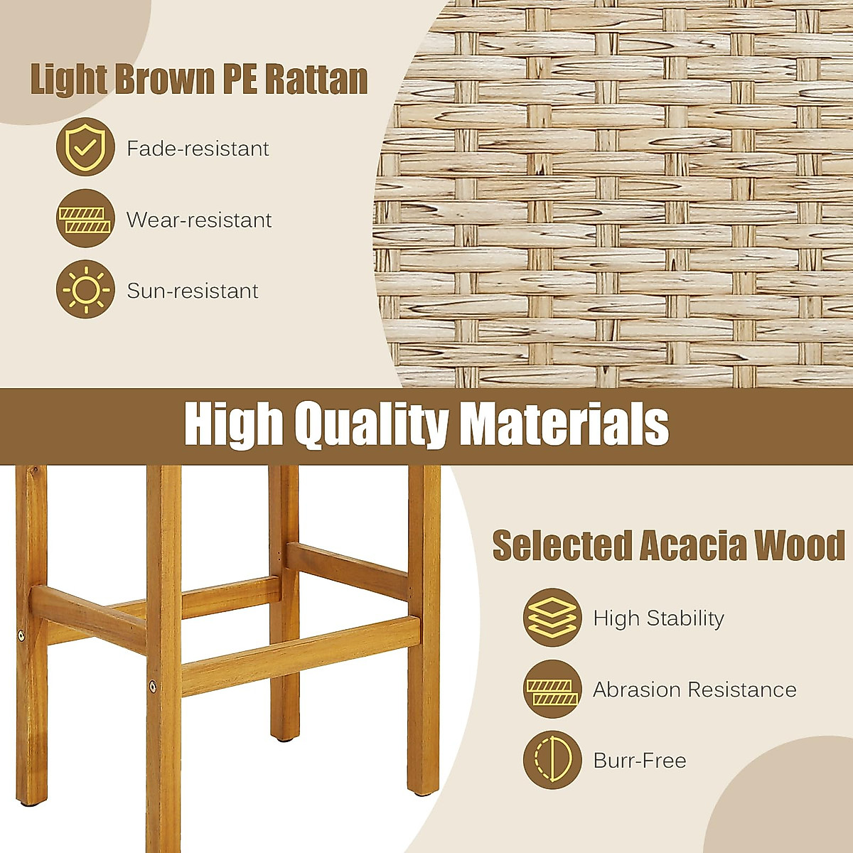 COSTWAY Outdoor Bar Stools Set of 2, 30-inch Height Backless Bar Chairs with Acacia Wood Frame, PE Wicker Saddle Seat, Footrest, Patio 2-Pack Bar High Stools for Garden Porch Poolside Backyard