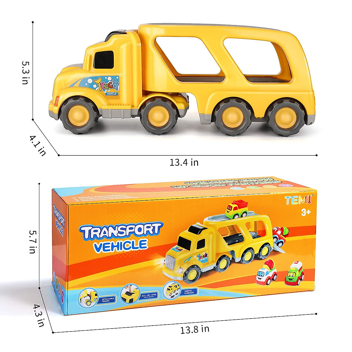 Construction Truck Toys for 1 2 3 4 5 6 Year Old Boys, 5-in-1 Friction Power Toy Vehicle in Carrier Truck Toys for Kids 3-5 Years, Car Toys Set for Age 3-9, Christmas Birthday Gifts
