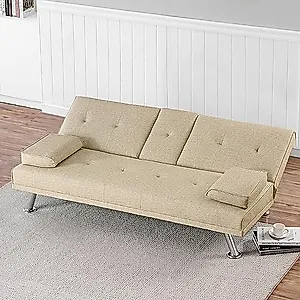 JCSTEU 67" Leather Sofa Bed with Cup Holder, Folding Sleeper Loveseat Couch with Adjustable Backrests, Convertible Loveseat Sofa for Living Room, Apartment,600 LBS Support (Beige)