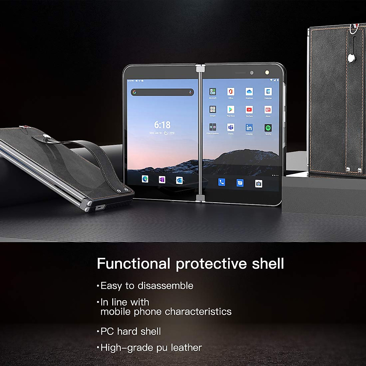 Foluu for Microsoft Surface Duo Case, Surface Duo Leather Case 2020, [Slim & Lightweight] PU Leather Back Cover Hard PC Holder with Hand Strap Protective Phone Case for Microsoft Surface Duo (Black)