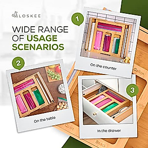 LOSKEE Ziplock Bag Organizer and Plastic Wrap Dispenser with Cutter, 6 IN 1 Expandable Bamboo Foil and Plastic Wrap Organizer for Kitchen Drawer, Ziplock Bag Storage Organizer for Gallon, Quart, Sandwich, and Snack Bags