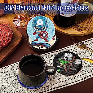 8 PCS Diamond Painting Coasters Kits with Holder - Cartoon Diamond Art Coasters for Adults Kids Beginner,DIY Child Memery Round Full Drill Diamond Dot Paint by Number Stitch Arts and Crafts Gift