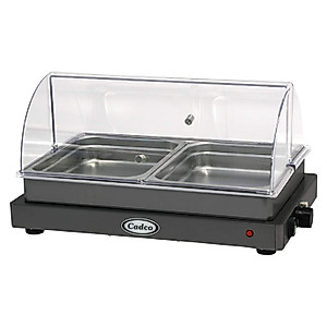 Cadco Double Buffet Server w/Rolltop Lid, Heavy Duty - 1 SS Pan Holder, 2 Half Size SS Pans, 1 Eastman TritanTM copolyester Rolltop Lid, Variable Heat Control, 300W