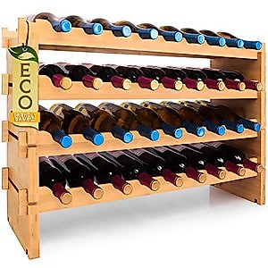 SereneLife 36 Bottle Stackable Wine Rack, 33.5” x 10” x 21” 4-Tier Large Floor Freestanding Modular Wine Bottle Storage Display Shelf Natural Bamboo Wood Construction for Kitchen and Cellar