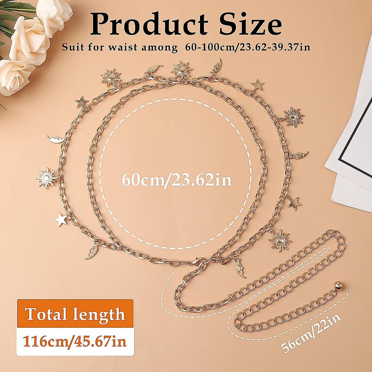 Amaxiu Double Layer Women Metal Chain Belt, Moon Star Waist Chain Women Link Belt Skinny Waistband Chain for Dresses Jeans(Fits waist size 25"-45",Gold,1)