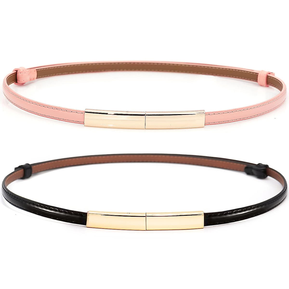 Glamorstar Women Skinny Patent Leather Slim Belt Adjustable Alloy Buckle Waist Belt for Dress (Black Pink, Fit Waist 21.6"-38.1")