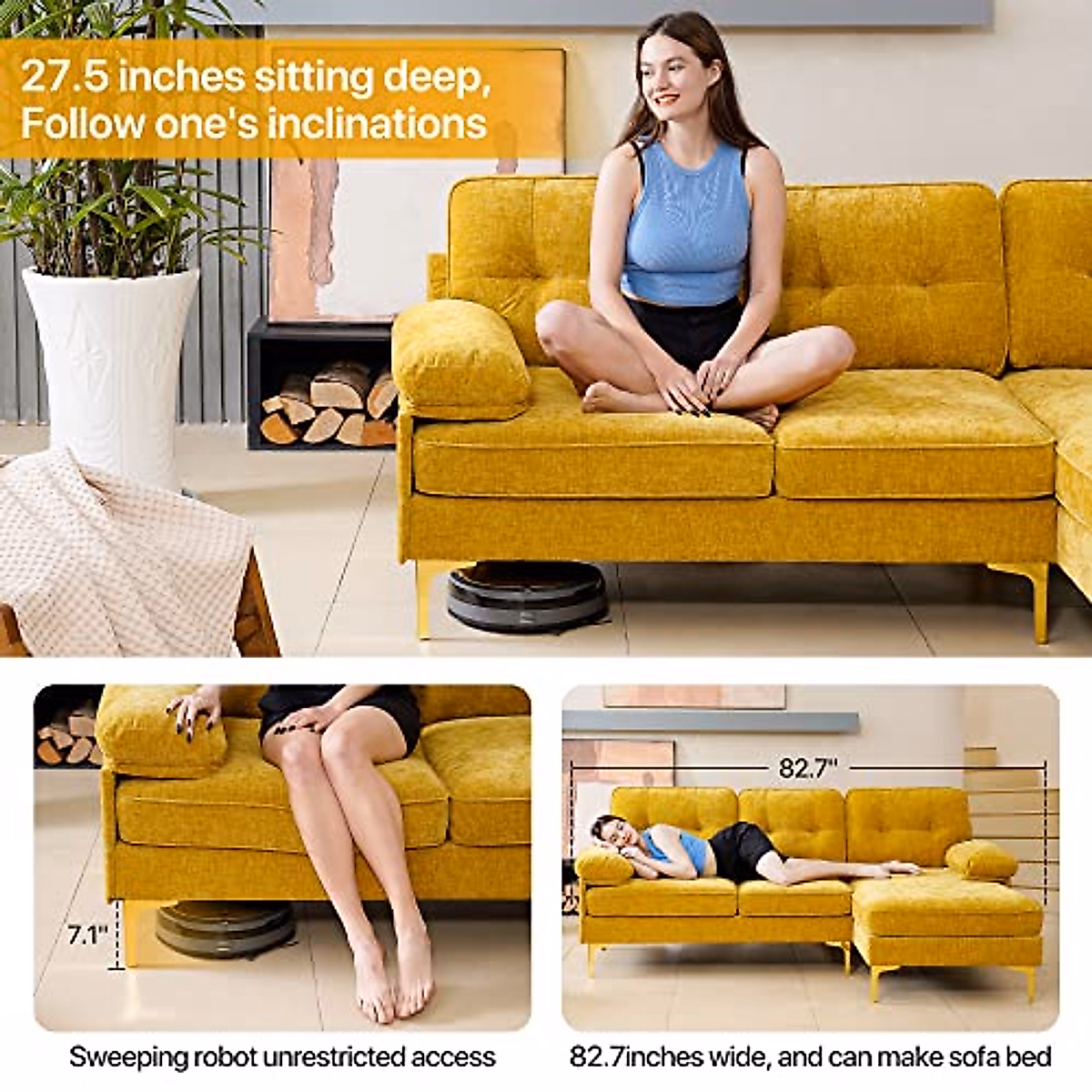 COOSLEEP Convertible Sectional Sofa Couch, 83" L-Shape Sofa Couch with Chaise Convertible,ChenilleFabric Upholstered for Living Room, Apartment, Office (Golden)