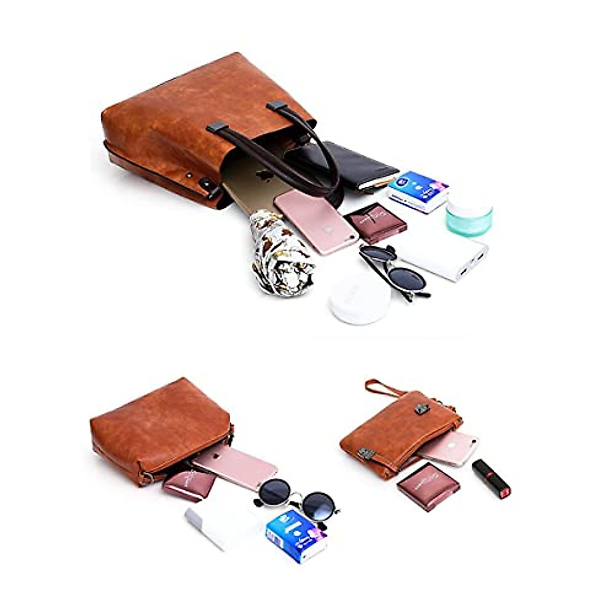 GJGJTER Synthetic PU Leather Tote for Women Simple One-shoulder Portable Messenger Crossbody Hobo Bags 3-piece Set-Brown