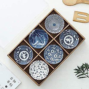 Gegong 6 Pack Ceramic Bowls, Japanese Style Rice Bowls, 10 Ounces Thickening Blue and white porcelain bowls, Cereal Bowls for Kitchen, Suitable for microwave, ovens, dishwashers (mixing)
